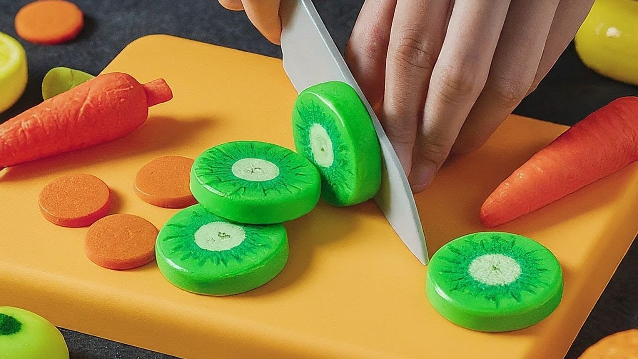 Satisfying Video Cutting Fruits and Vegetables, Kiwi Carrot Plastic & Squishy ASMR Food prep ...
