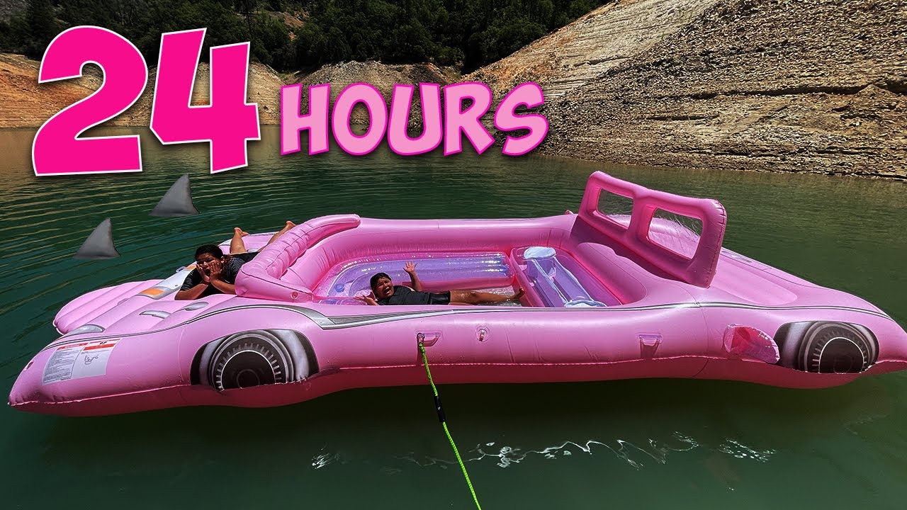 24 Hours Overnight on a GIANT PINK inflatable LIMO! - YouTube