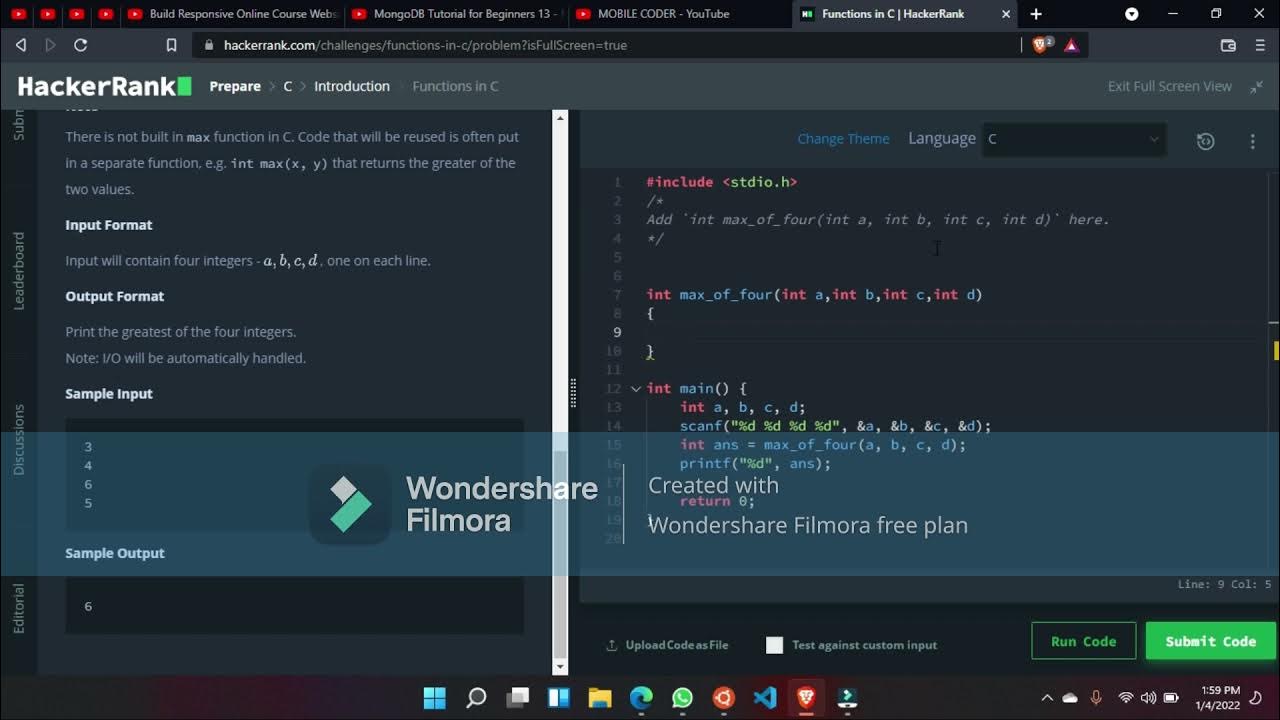 FUNCTION IN C || HACKER RANK SOLUTION IN C - YouTube