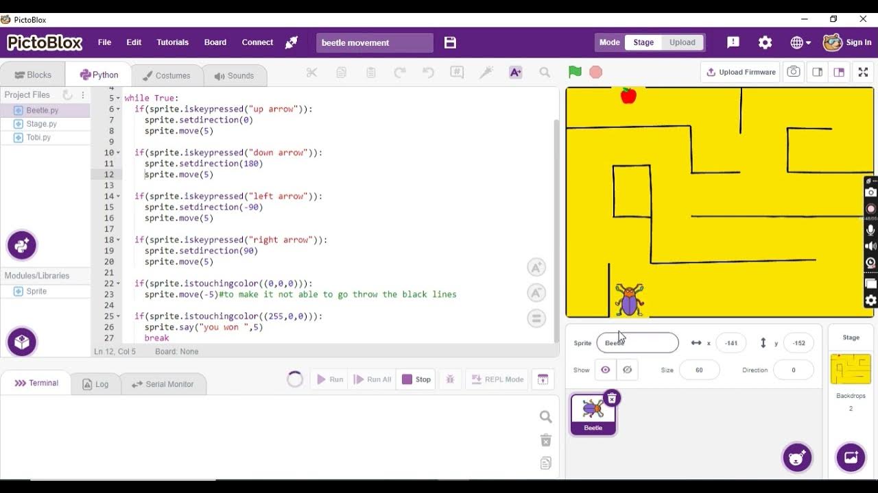 beetle movement in pictoblox using python - YouTube