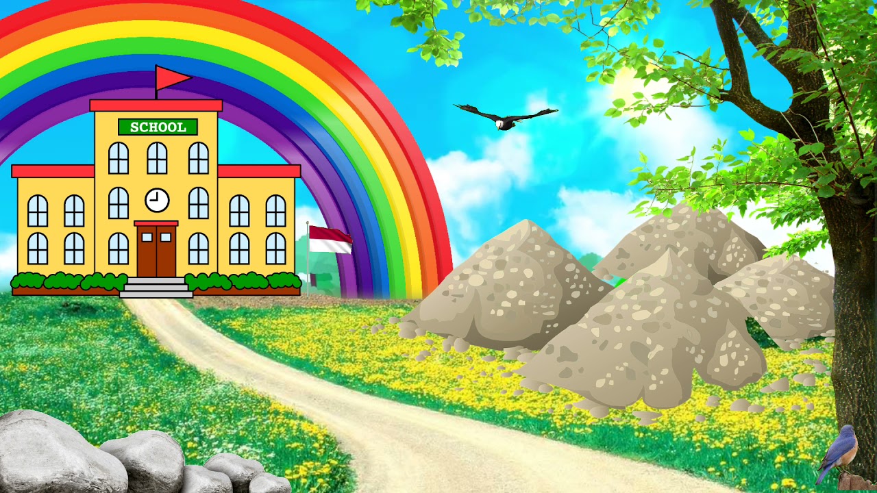 background animasi bergerak gedung sekolah dan pelangi | school and ...