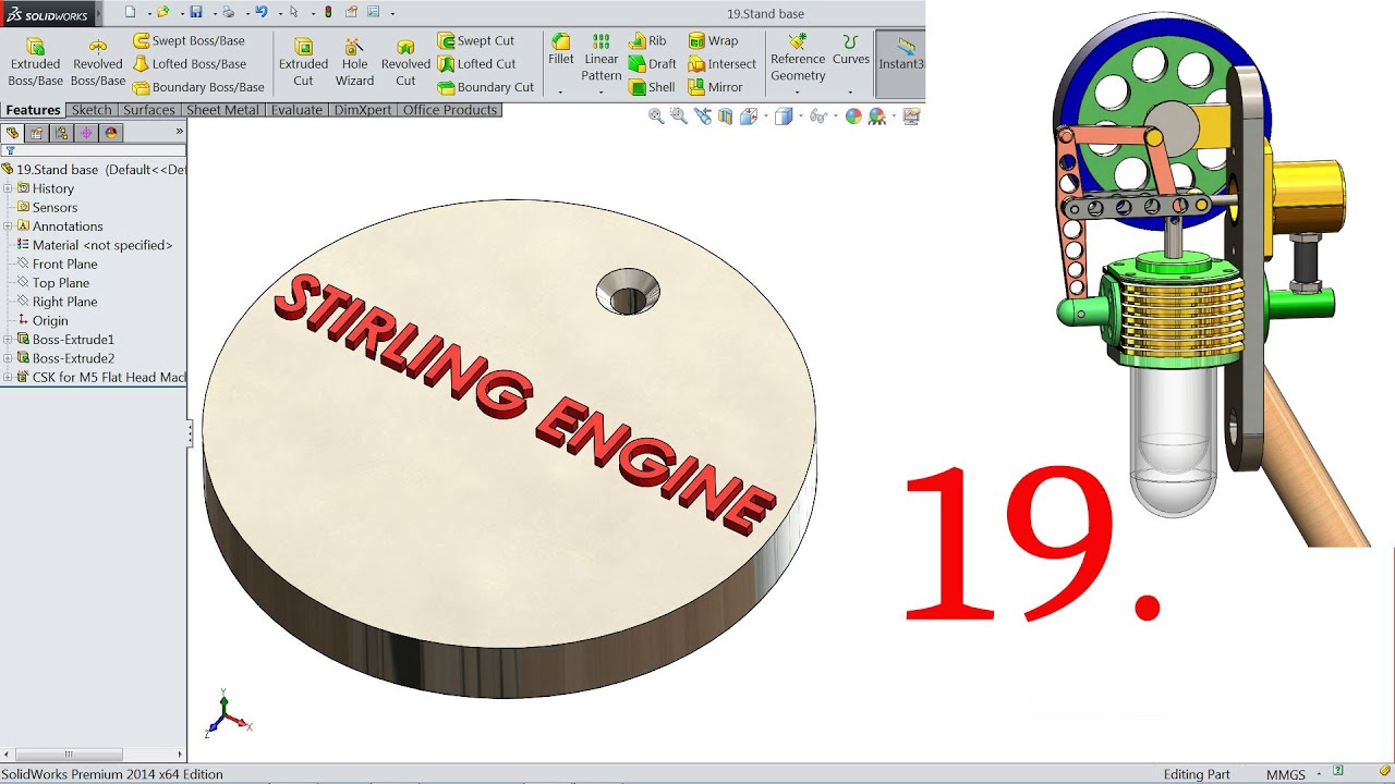 SolidWorks Tutorial Vertical Stirling Engine 19.Stand Base - YouTube
