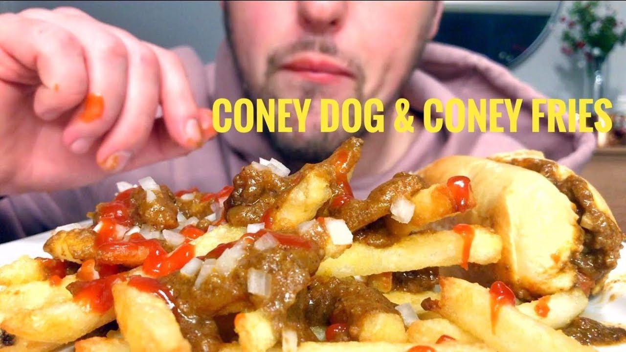 ASMR EATING CONEY DOG AND CONEY FRIES - YouTube