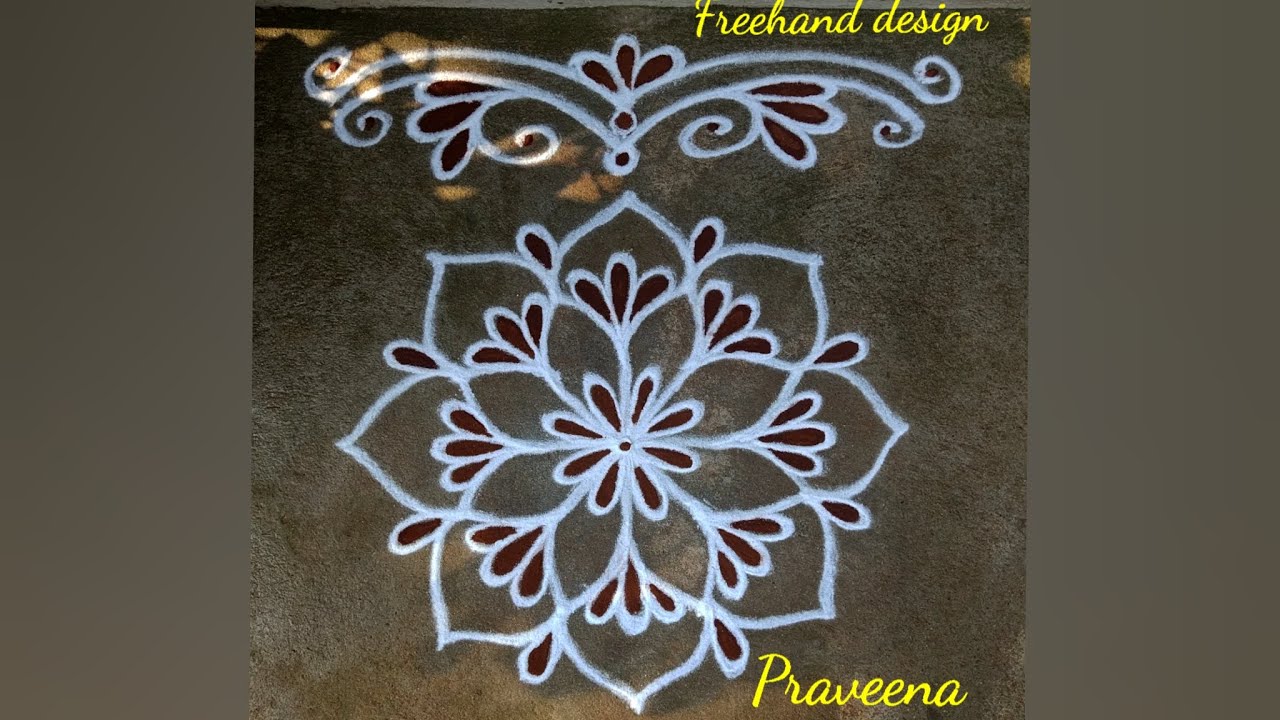 Freehand kolam/muggu design with main entrance design. Using kaavi ...