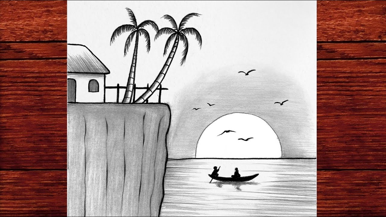 Easy Sunset Drawing | Beautiful Nature Scenery with Pencil Shading ...