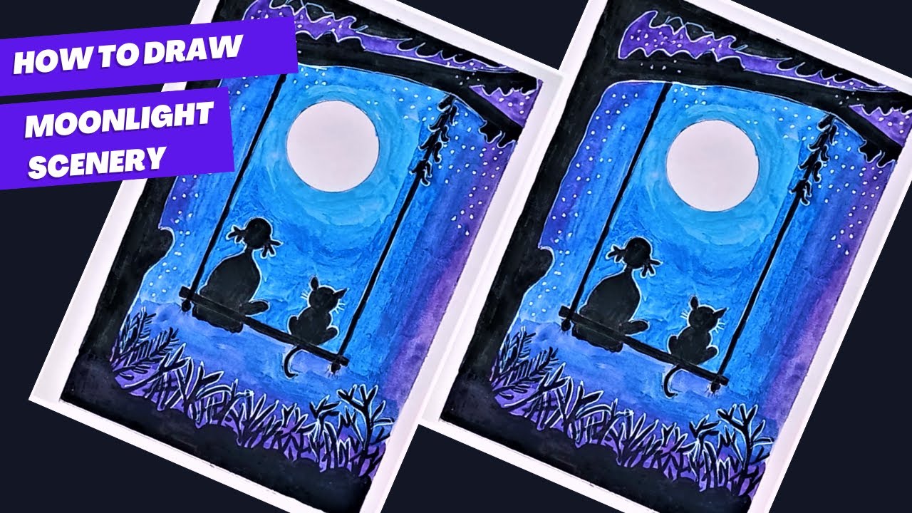 How to Draw a Moonlight Night Scenery Using Watercolour, Cute Moonlight ...