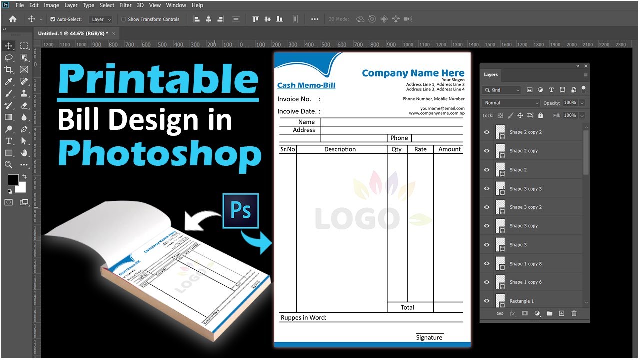 Step by Step Printable Bill Design in Adobe Photoshop Hindi Tutorial ...