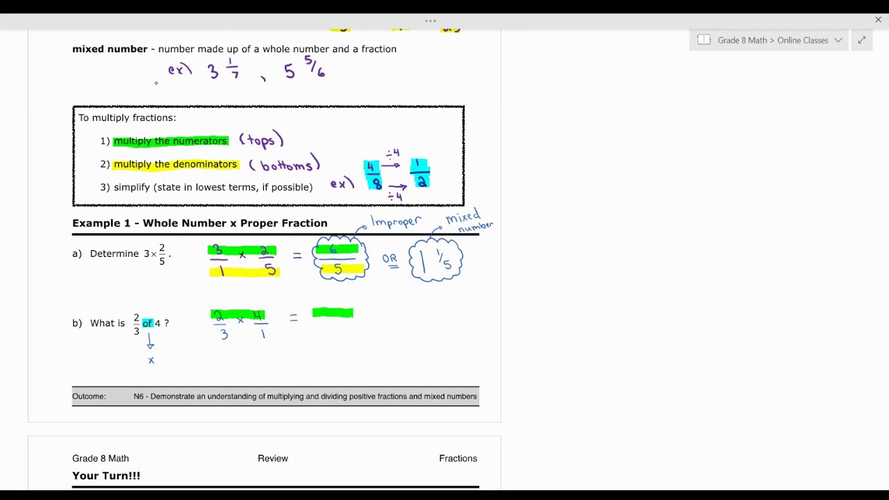 Grade 8 Review - Multiplying Fractions 1 (Whole Numbers and Proper ...