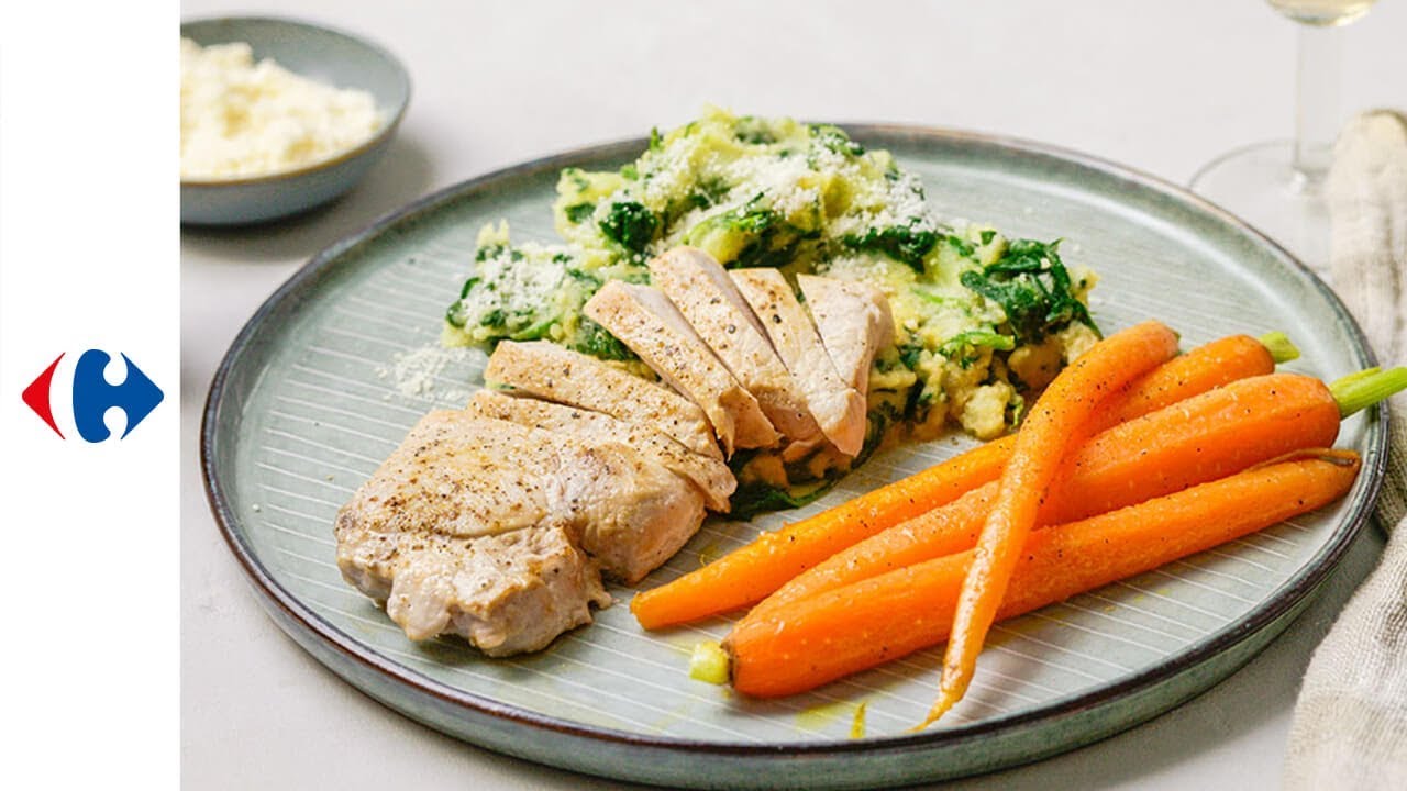 Varkensoester met spinaziepuree, worteltjes en jus - YouTube