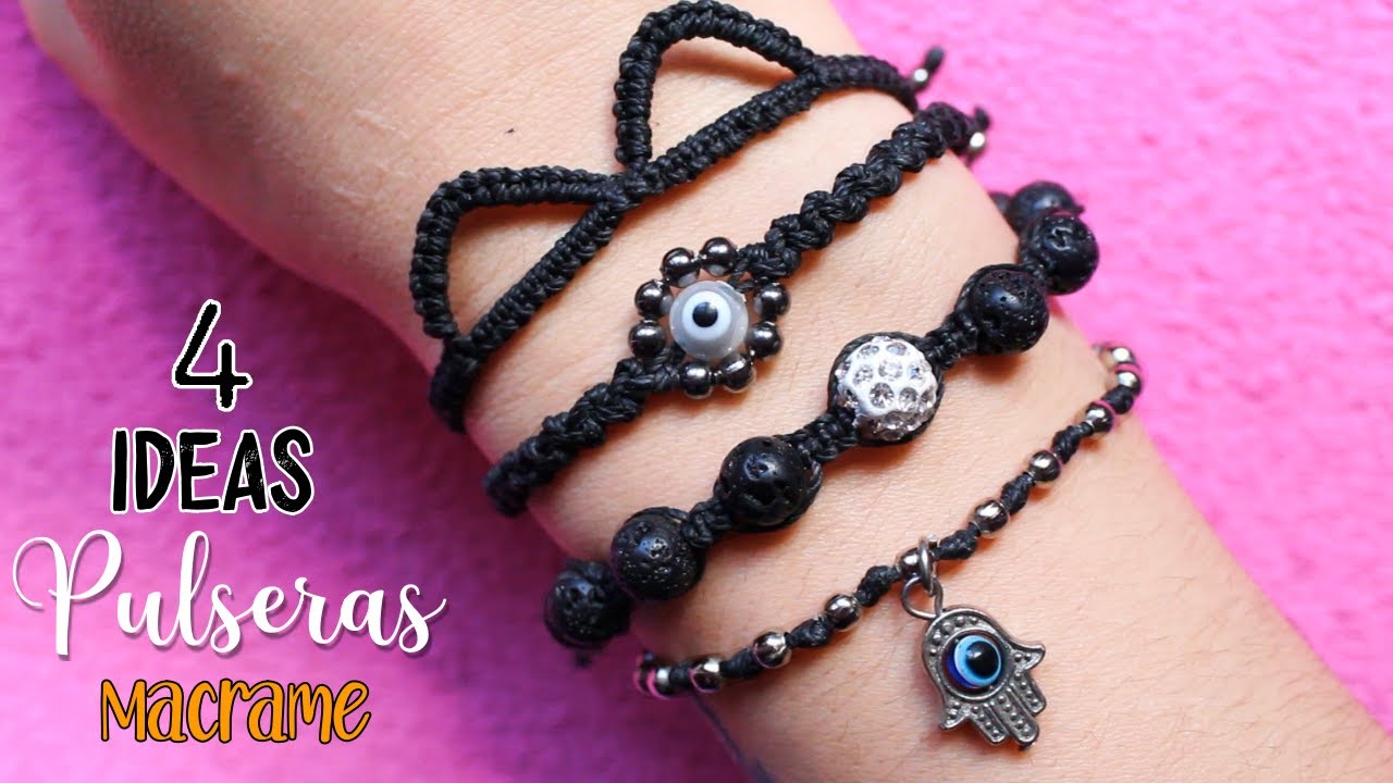 4 PULSERAS DE HILO fáciles 🖤 SET NEGRO 🖤 Macrame tutorial - YouTube