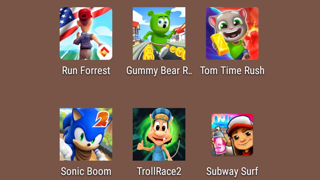 6 Android Games (Run Forrest Run+Gummy Bear Run +Talking Tom Time Rush ...