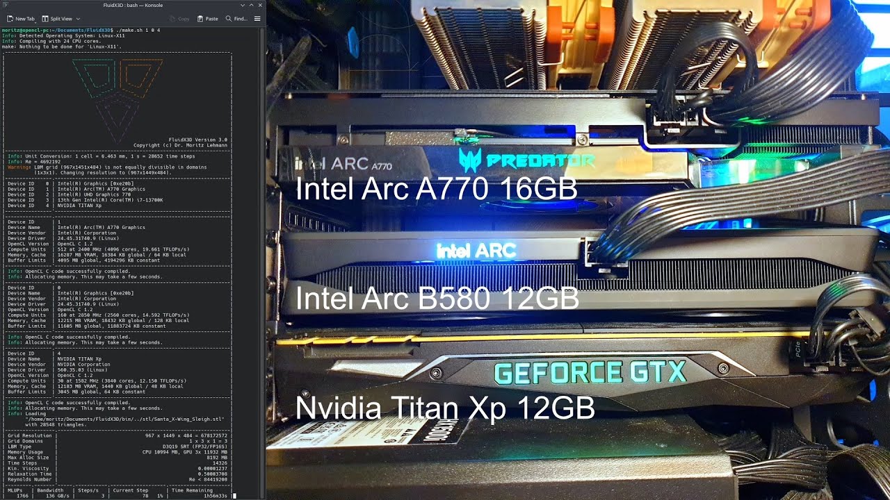 3 different GPUs, 1 CFD simulation - FluidX3D "SLI"-ing (Intel A770 ...