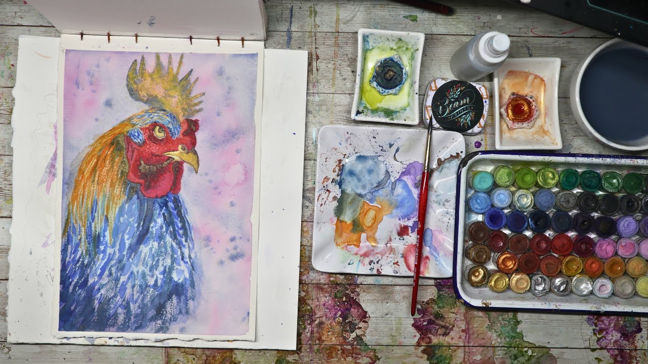 World Watercolor Month ~ FEATHER ~ Let's paint a ROOSTER ~ Real Time ...