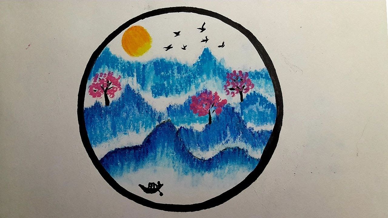 Circle Landscape Drawing | Mountain and River color painting Very Easy ...