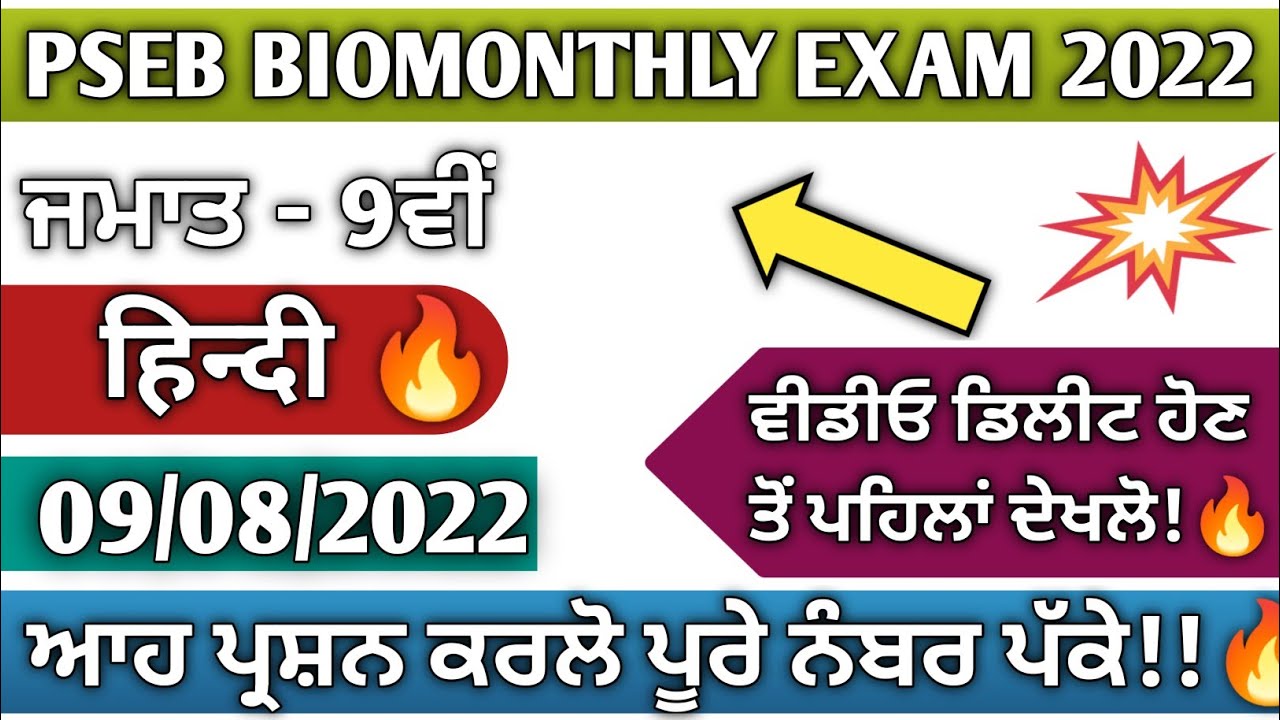 class 9th pseb Hindi bimonthly paper 2022|| 9th pseb Hindi August ...