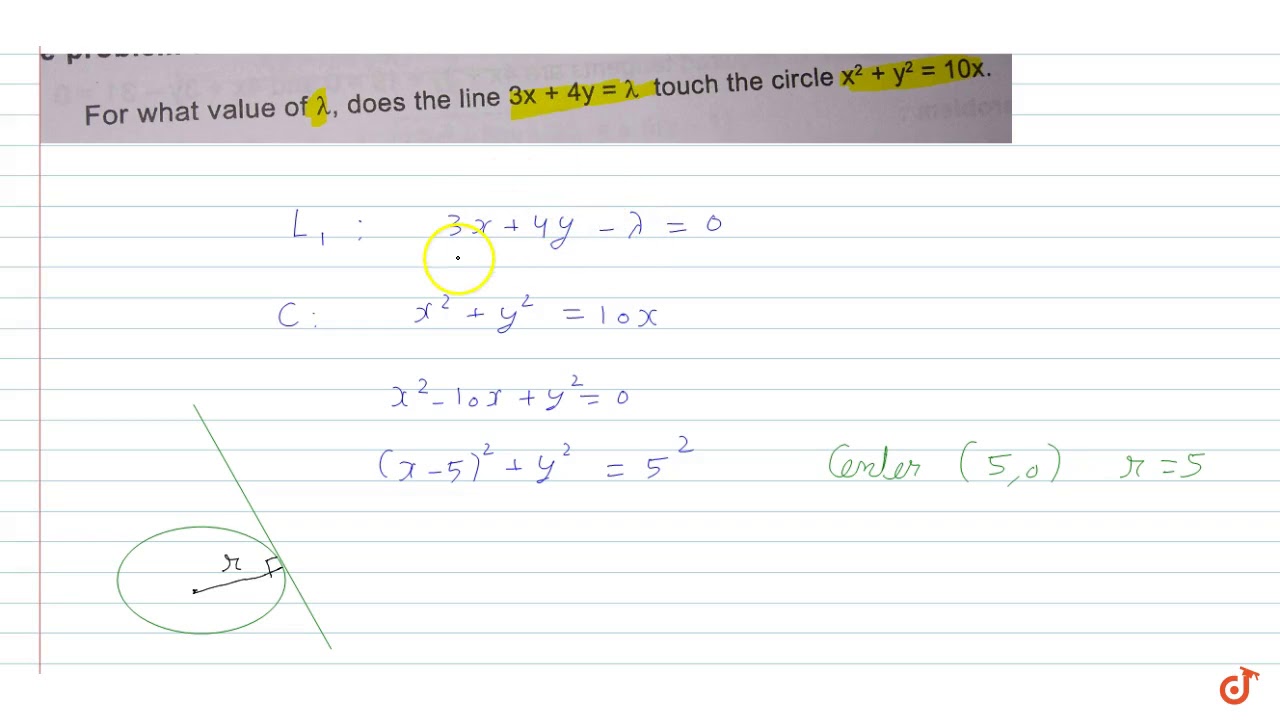 For what value of `lambda`, does the line 3x + 4y = `lambda` touch the ...