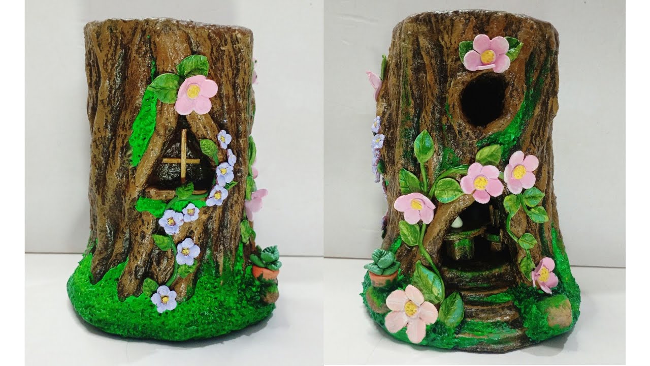 Tree stump fairy house diy/Cardboard crafts/Paper crafts/Clay art/Diy ...
