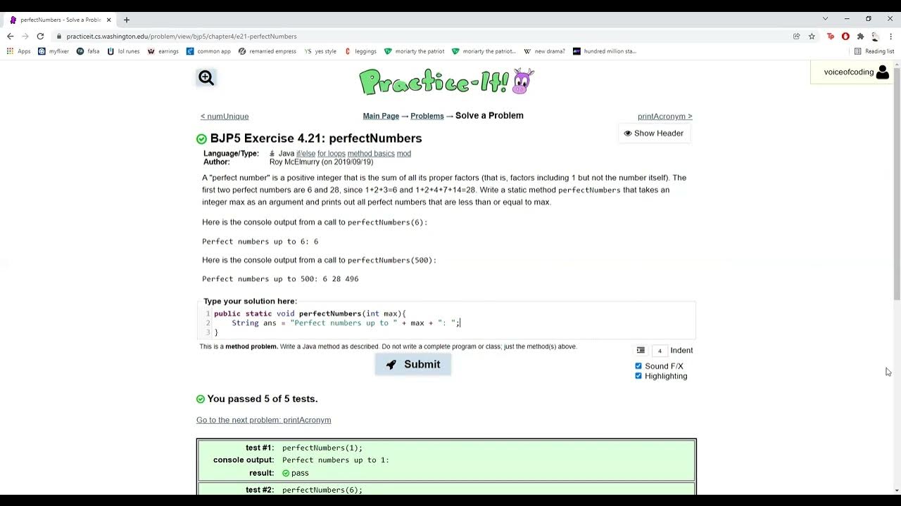 Exercise 4.21 (perfectNumbers) Java Tutorial || Practice-It - YouTube