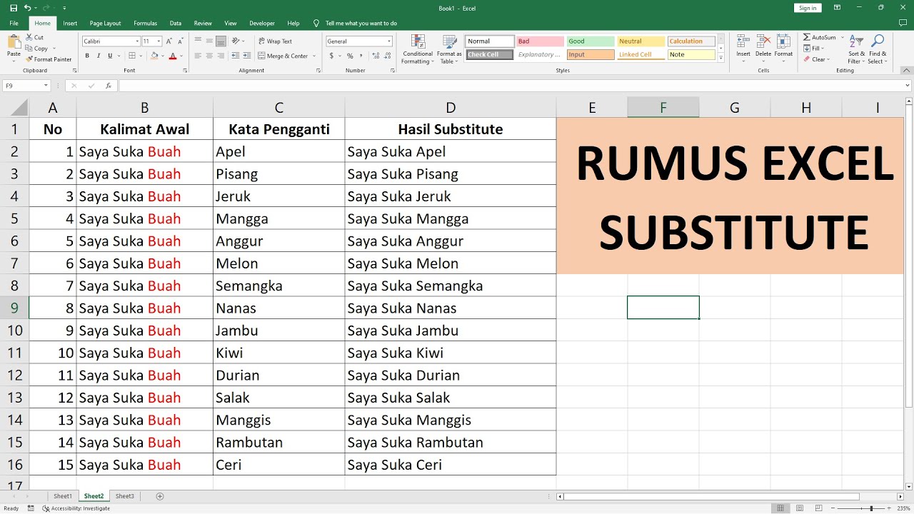 Rumus Substitue Mengganti Kata dalam Kalimat Sel di Excel - YouTube