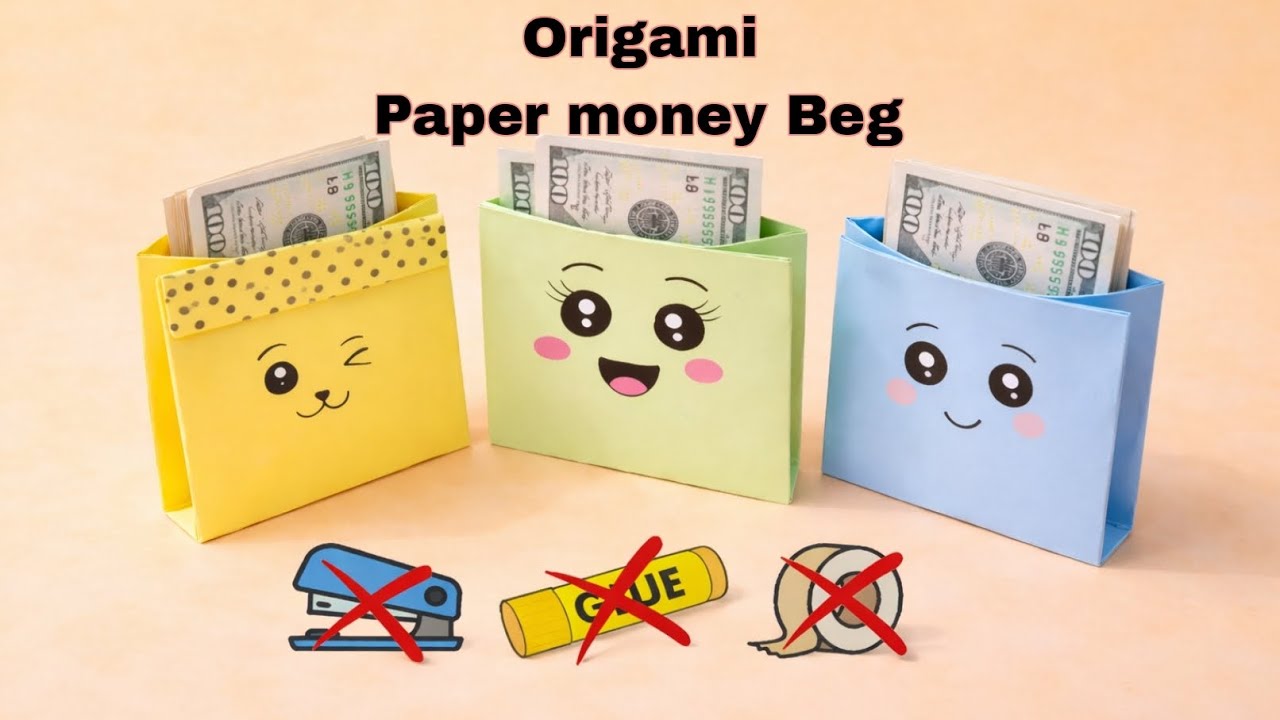 DIY easy origami paper money beg//Money beg making very easy tutorials ...