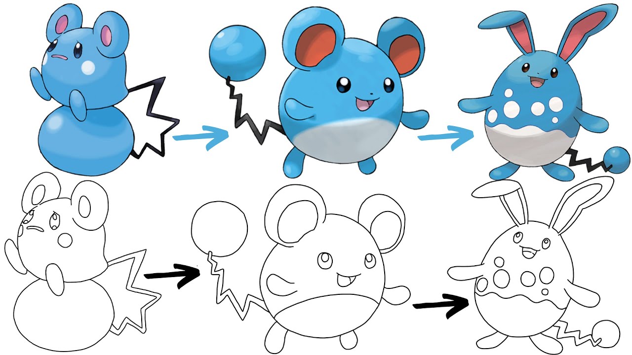 How To Draw AZURILL MARILL and AZUMARILL POKEMON | Pokemon Evolution ...