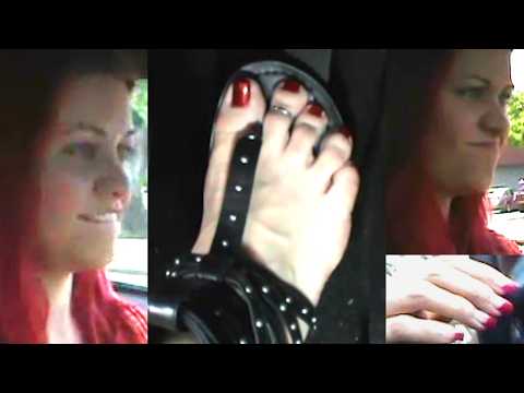 Catherine hard revving while driving Mustang in sexy black flats