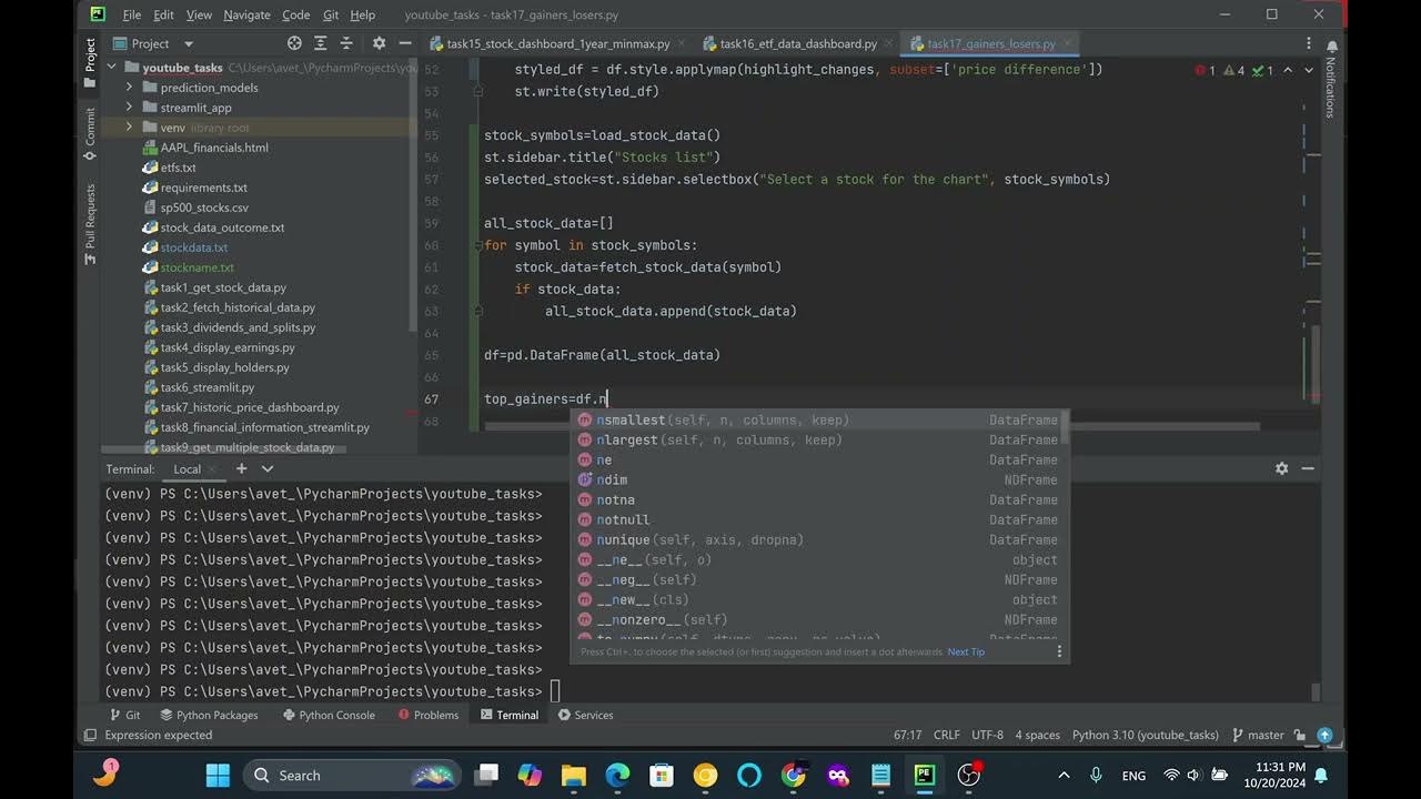 Stock dashboard Python and Streamlit: most gaining and losing stocks: Part 2 - YouTube