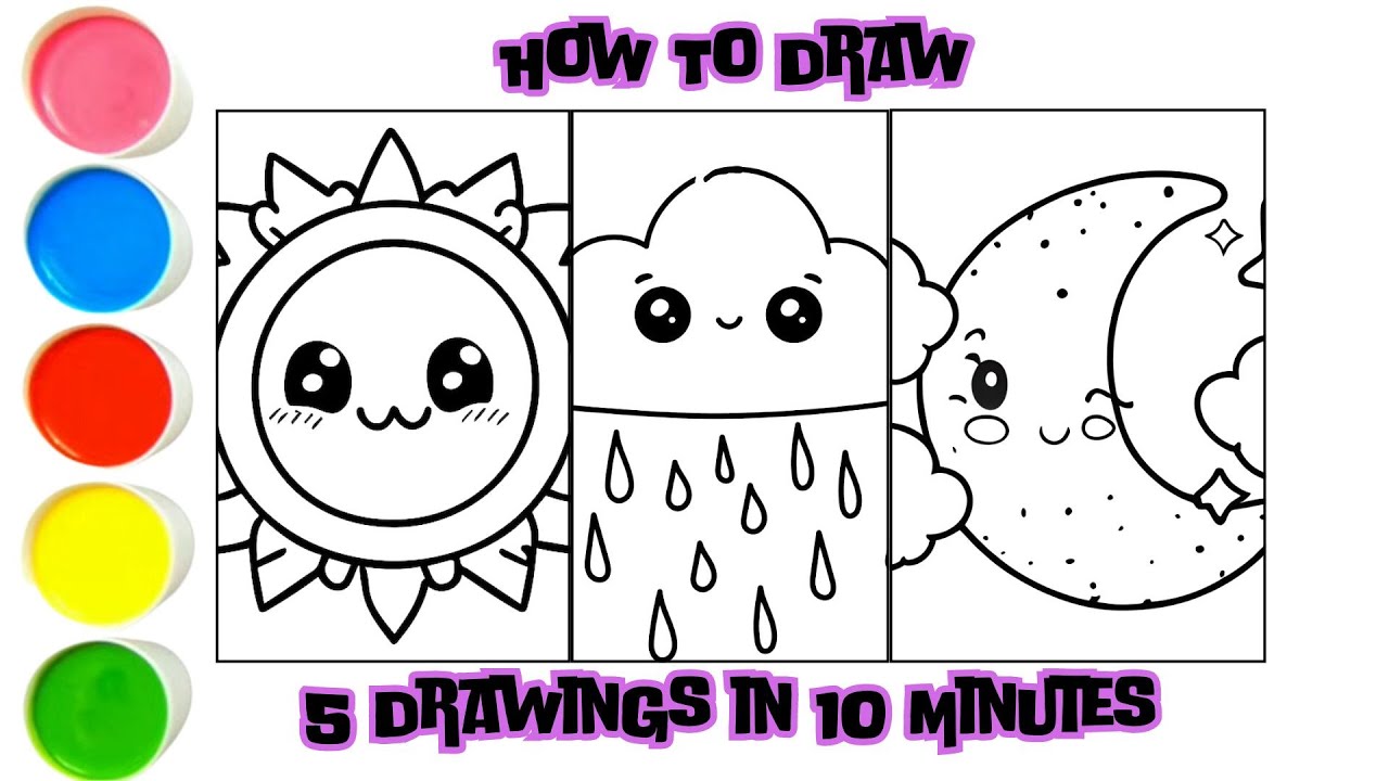 How to Draw 5 Drawings with in 10 Minutes | Easy Drawing and Coloring ...