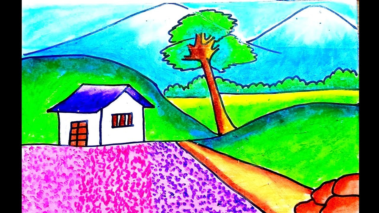 How to draw village Scenery || Easy Landscape Drawing For Beginners ...