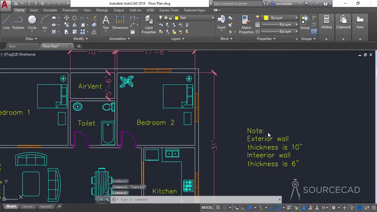 19CIVL49 Module 3 (Exp 9,10&11) Making a simple floor plan in AutoCAD ...