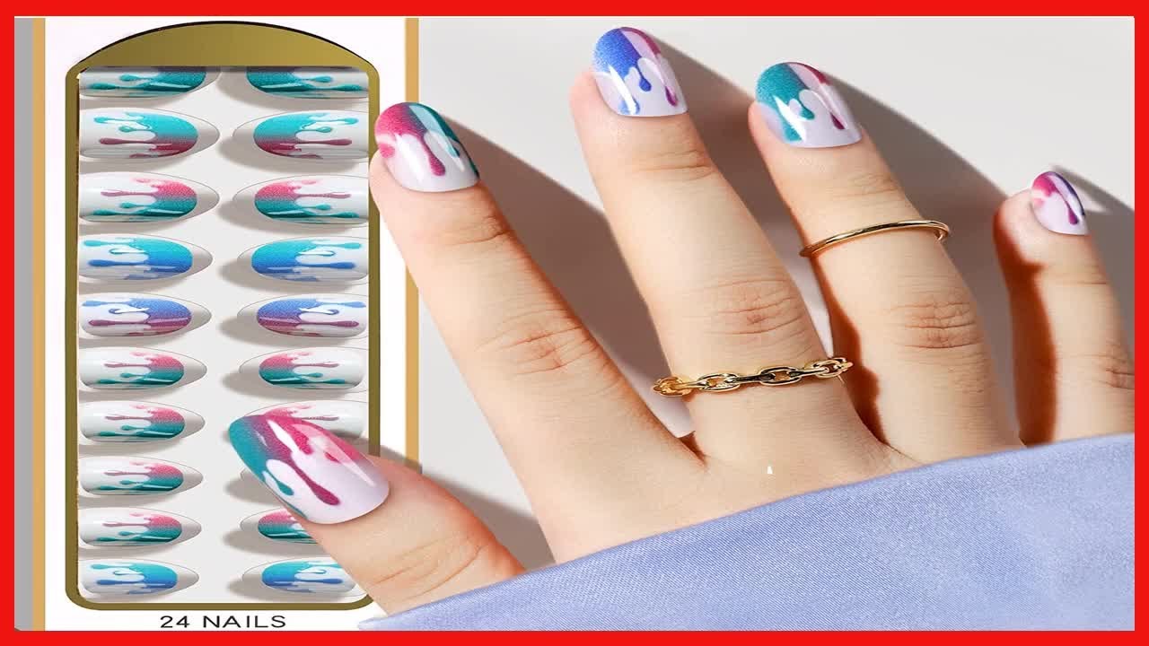 Short Oval Press On Nails, Teenitor Watercolour Drip Press On Nails ...