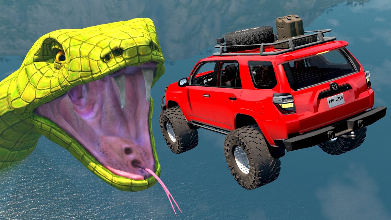 Mega Ramp with BeamNG Drive Cars Jumps Into Mouth Of Scary Snake - Long ...
