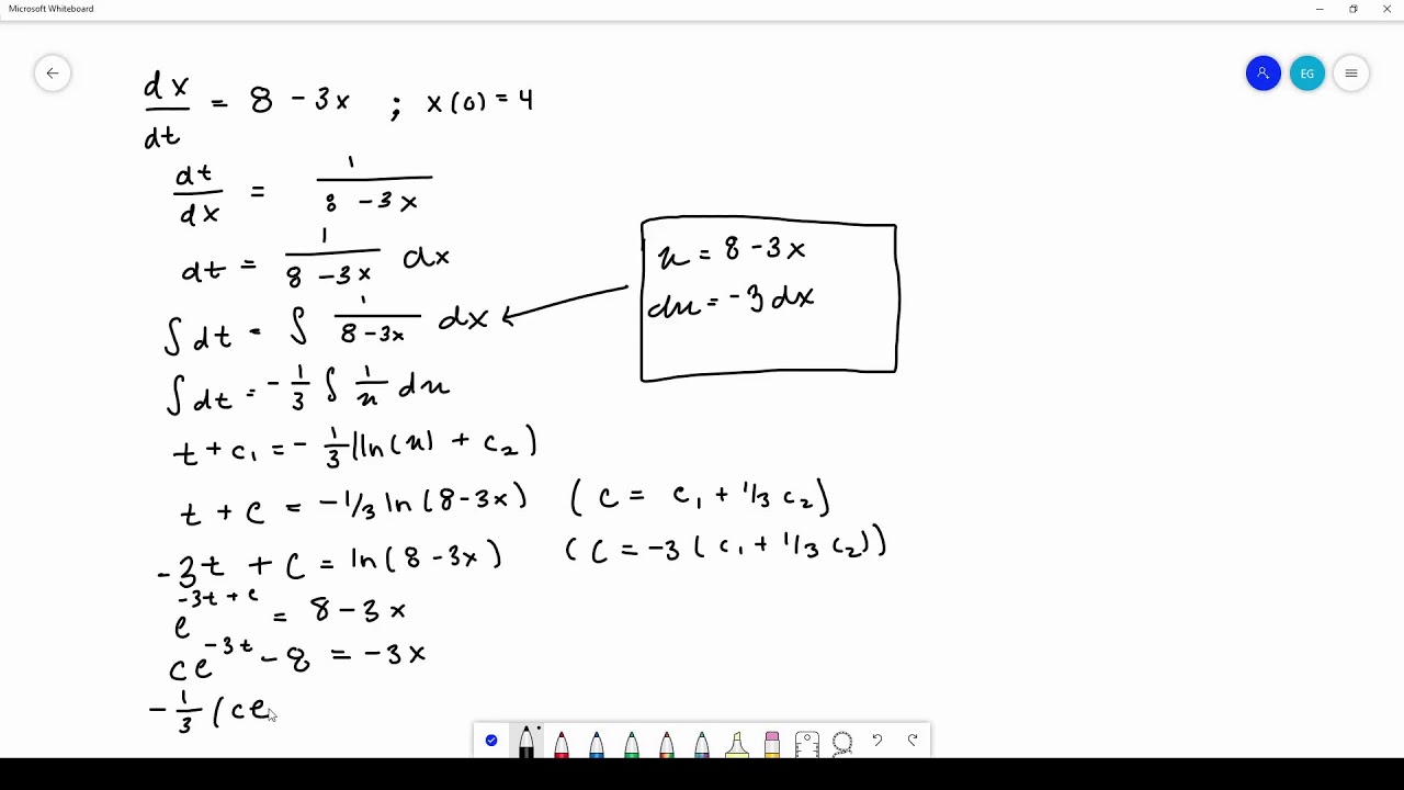 Seperable ODEs & IVP: (dx/dt) = 8 - 3x; x(0) = 4 - YouTube