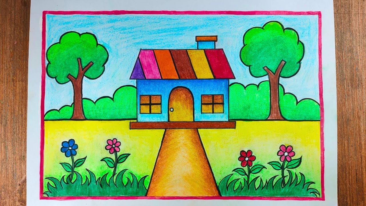 So Easy😍Beautiful House scenery drawing💖painting || Easy to draw house ...