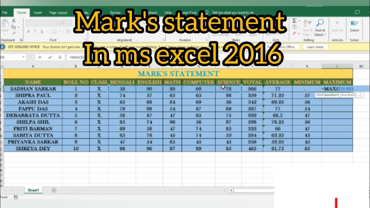 how to create Mark's statement in ms excel 2016#excel #exceltips # ...