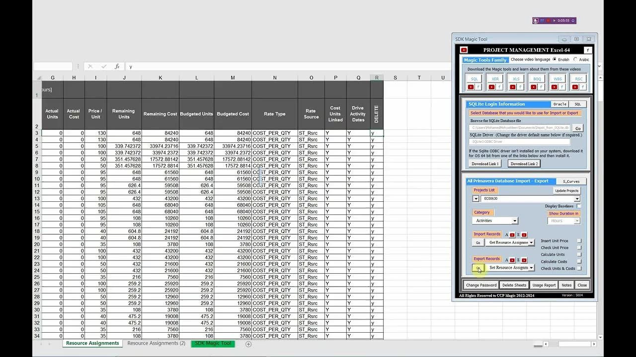 Primavera Excel SDK Magic Tool v_039 Export Resource Assignments Arabic - YouTube
