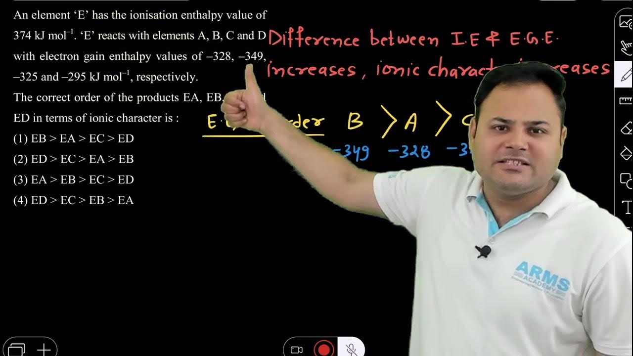 An element ' E ' has the ionisation enthalpy value of 374 kJ mol-1. ' E ' reacts with elements A ...