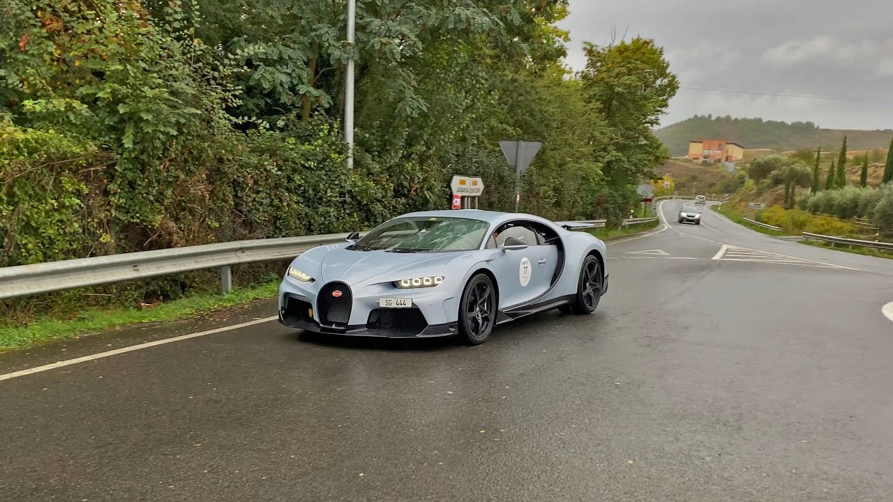 Lots of Bugattis driving in the rain - Profilée, Divo, Pur Sport... and ...