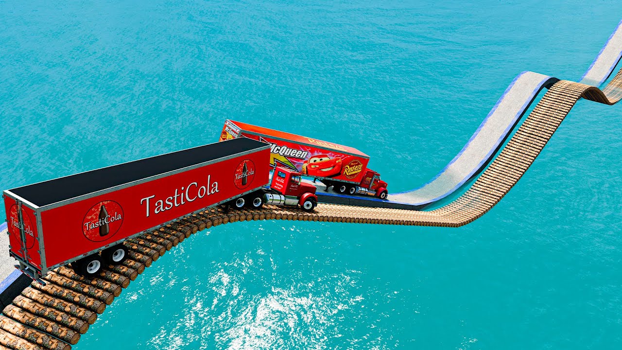 Tasti cola vs Mack Truck vs Impossible Log Wave Bridge Crossing Cars Vs ...