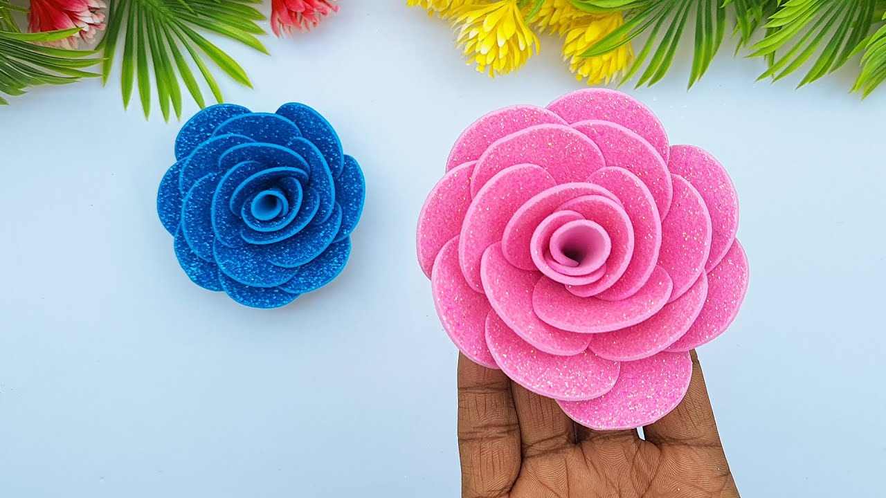 How To Make Rose Flower | Diy Handmade Rose Flowers From Glitter Foam ...