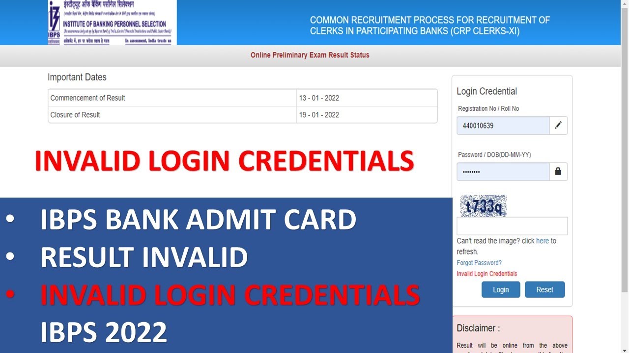 INVALID LOGIN CREDENTIALS IBPS BANK ADMIT CARD RESULT INVALID INVALID ...