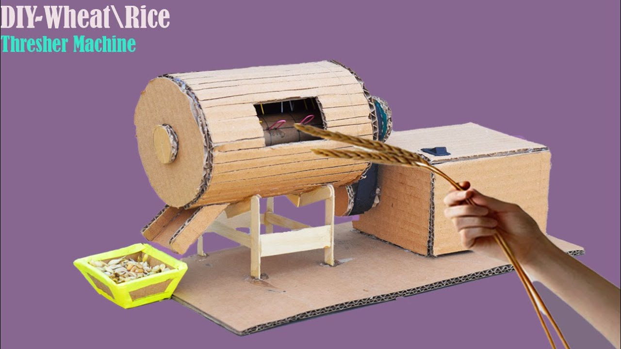 How to make mini rice/wheat thresher machine from cardboard - Science ...