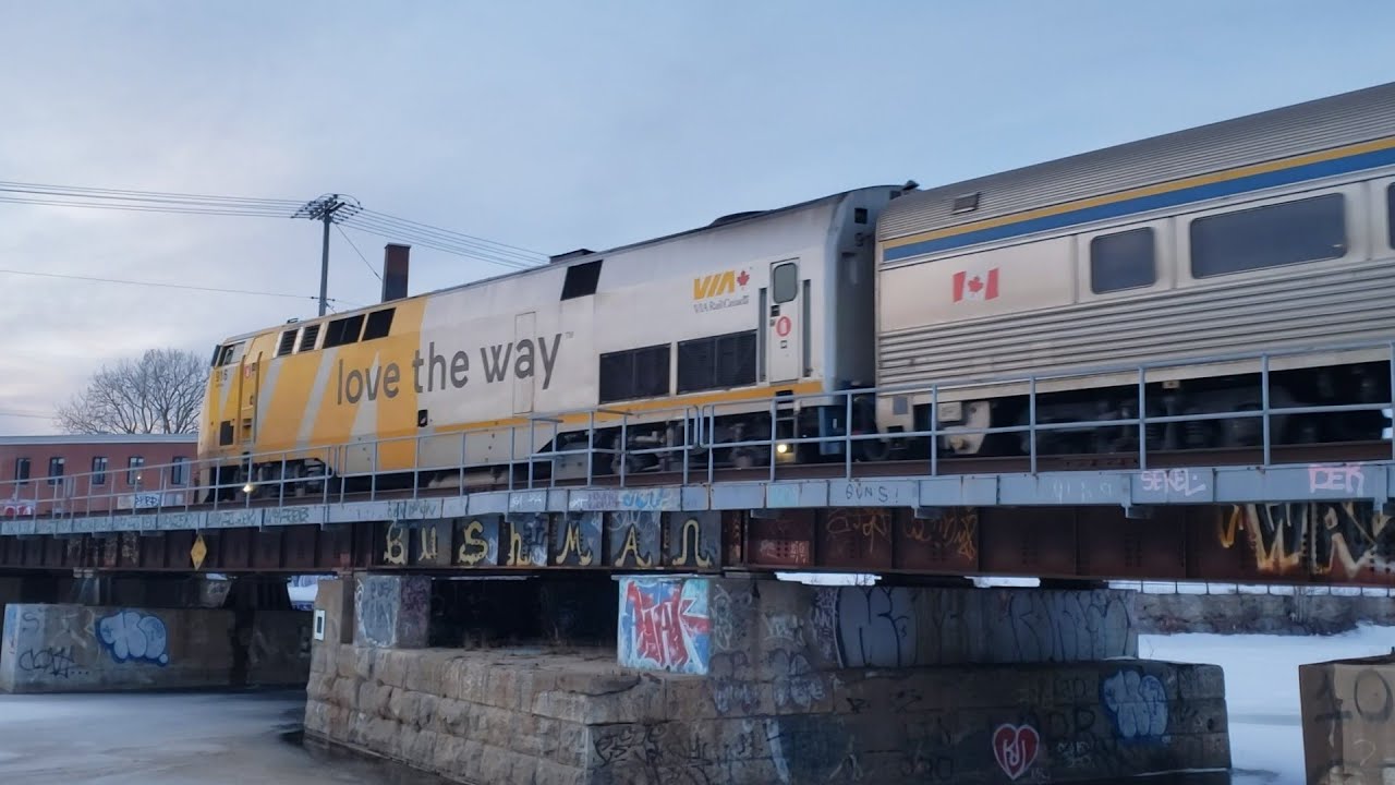 WINTER TRAINS Via Rail P42DC and Budd Coaches Close Up at Lachine Canal ...