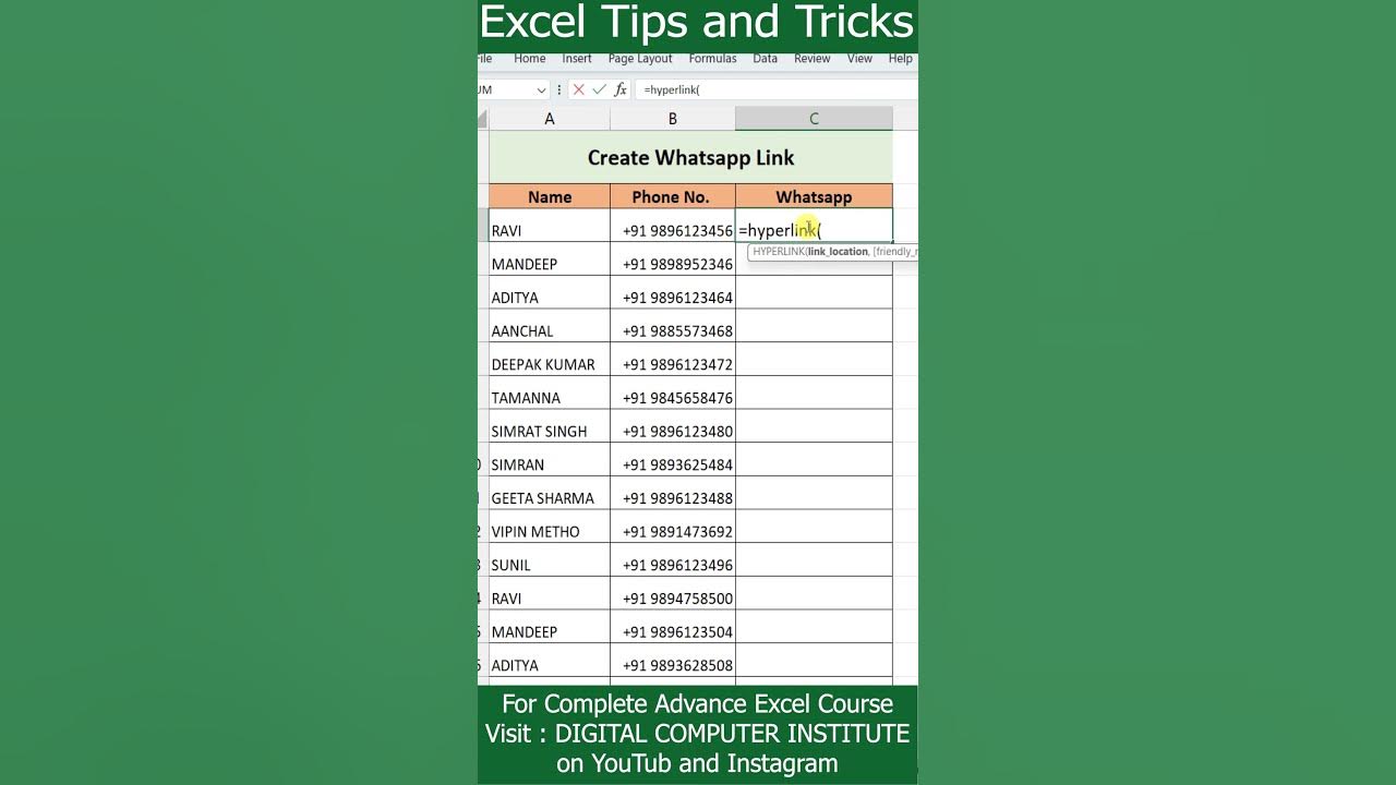 How create WhatsApp link In Excel #excel #exceltips #shortsfeed - YouTube