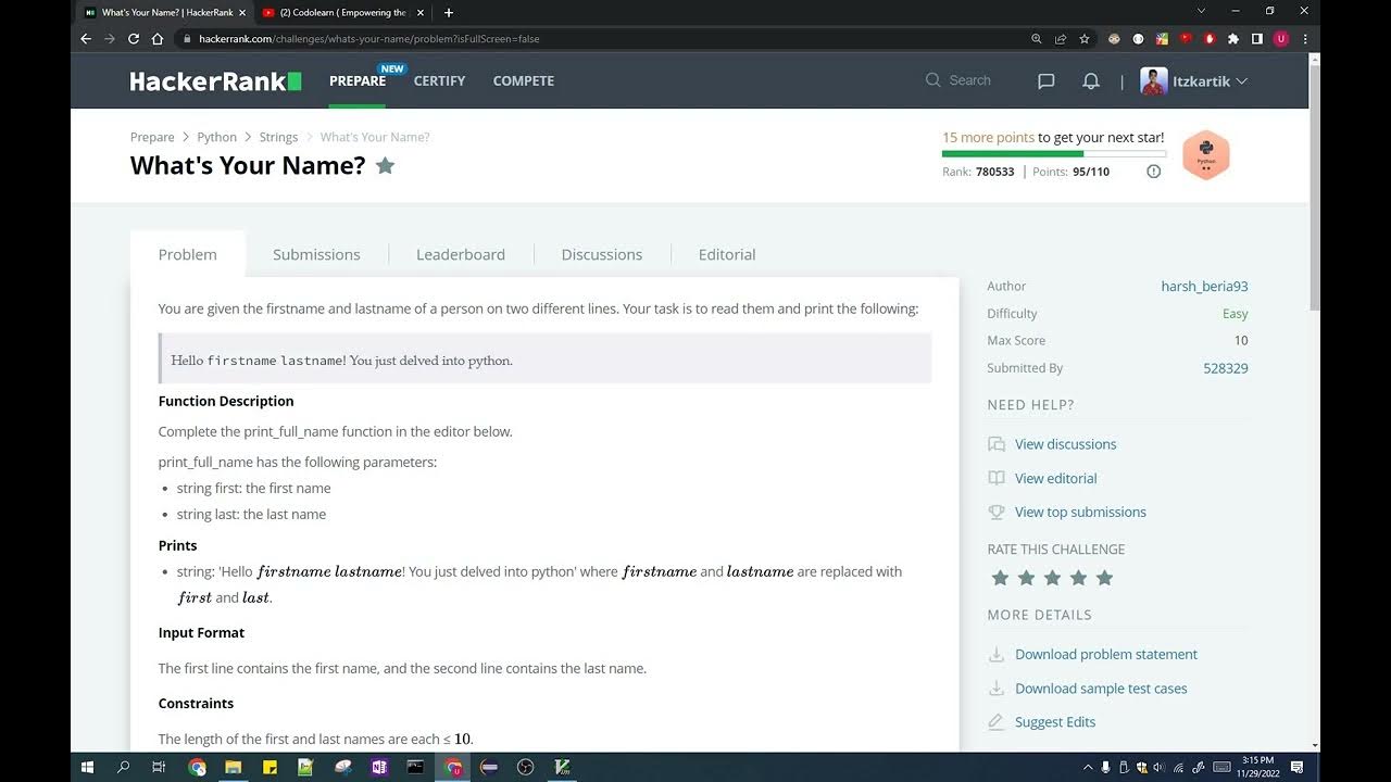 HackerRank Python Problem "What's your name ?" || Competitive Programing With Python @Codolearn ...