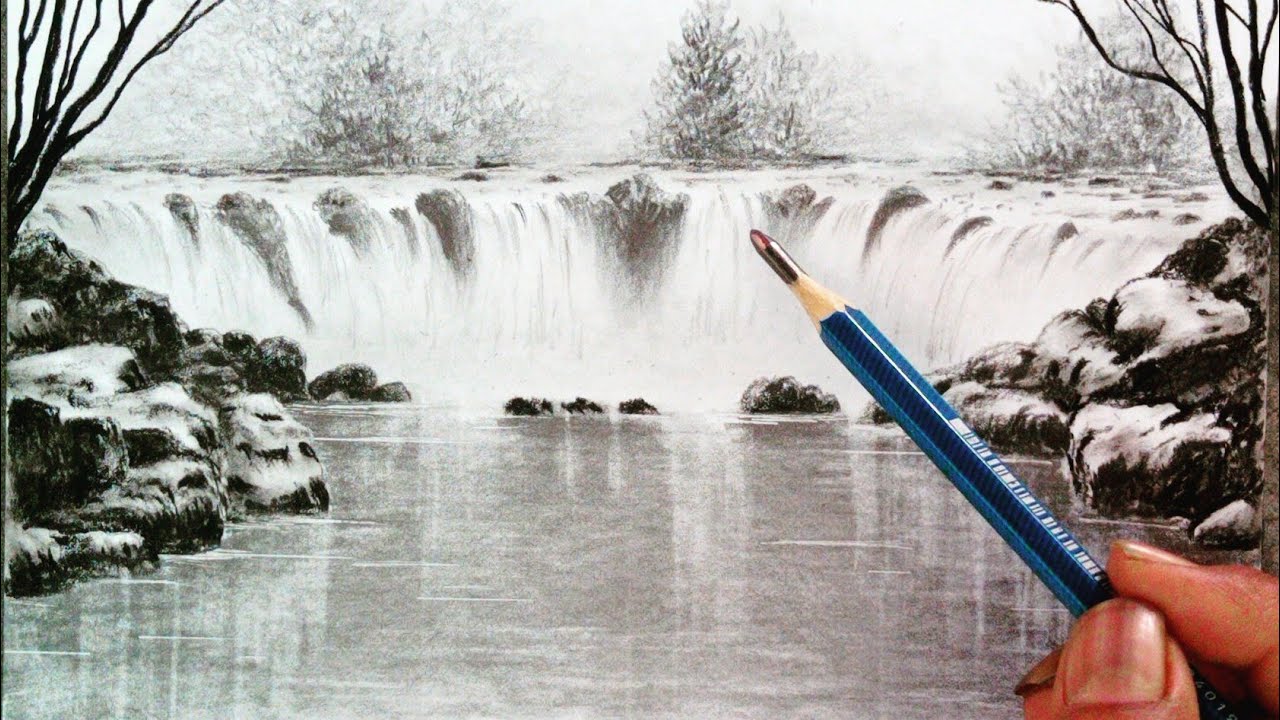 Pencil drawing easy and beautiful waterfall landscape scenery// - YouTube