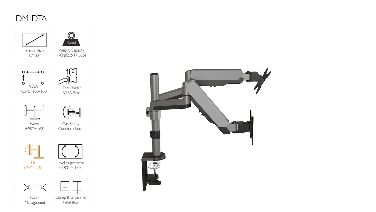 Dual Touch Adjust Monitor Mount - DM1DTA - YouTube