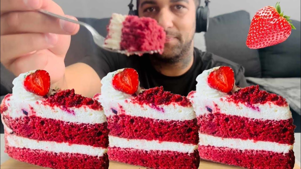 ASMR CREAMY RED VELVET SPONGE CAKE SOFT RELAXING EATING SOUNDS ASMR ...
