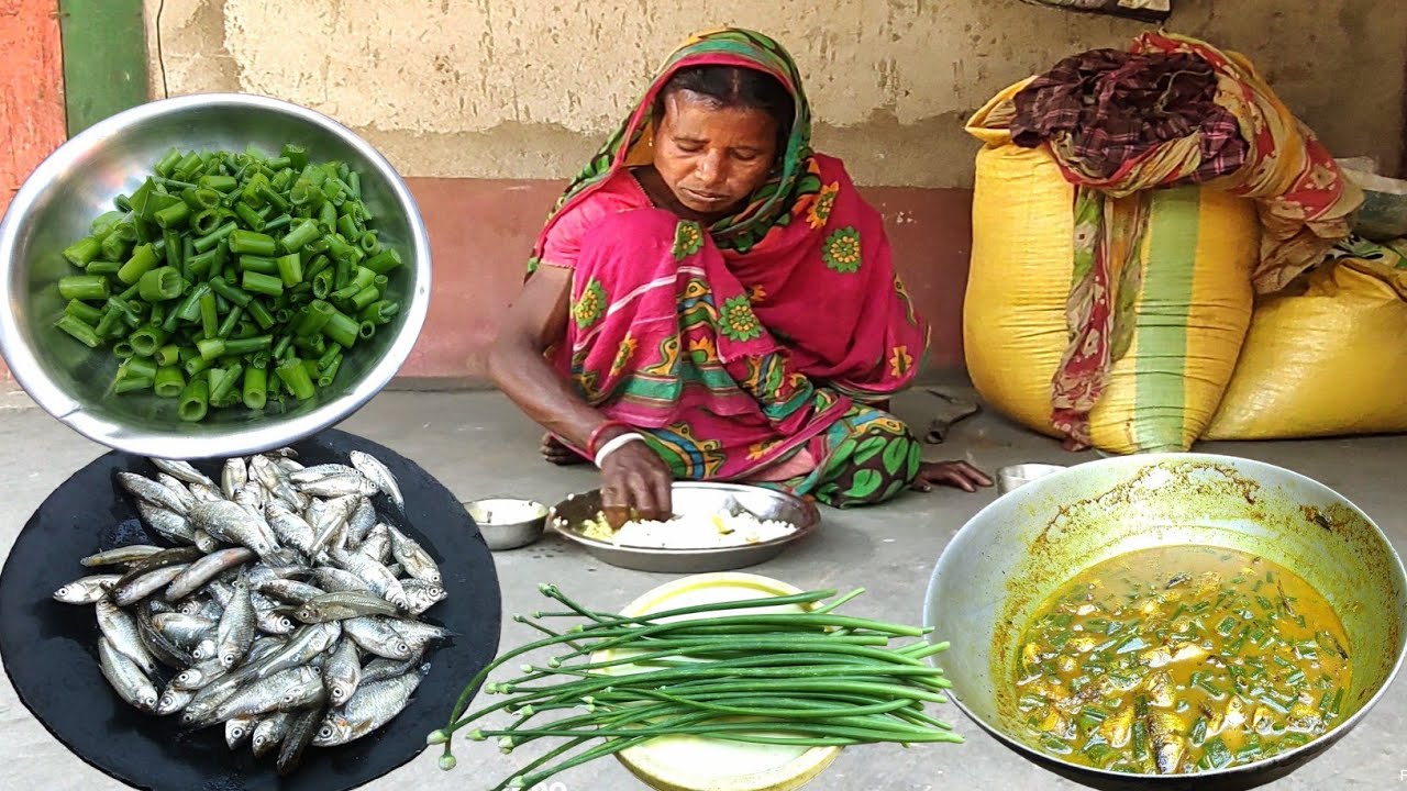 Mother village cooking Small Fish with Onion Leaves curry and rice ...