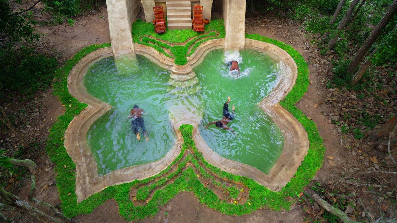 30 Days Camping in Forest Building a House Amazing and Water Slide to ...